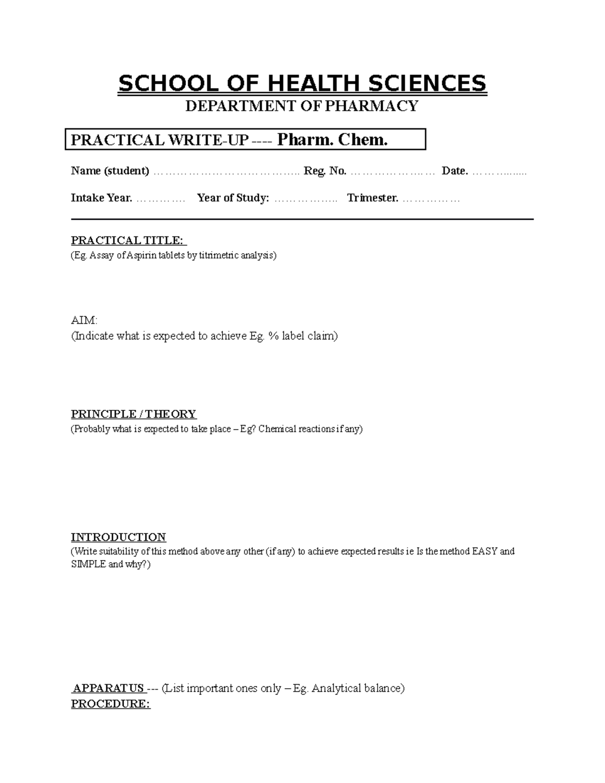 P-CHEM Write-UP - SCHOOL OF HEALTH SCIENCES DEPARTMENT OF PHARMACY ...