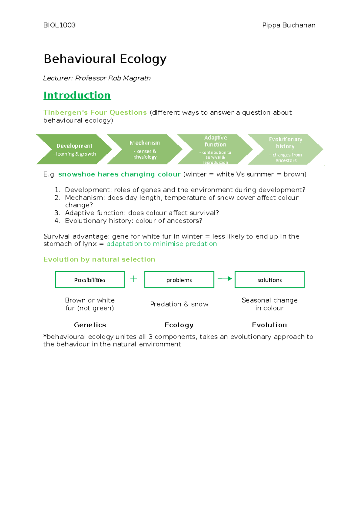 Behavioural Ecology Notes - Behavioural Ecology Lecturer: Professor Rob ...