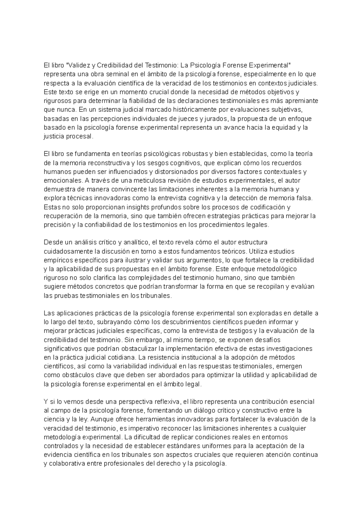 Análisis - Informe - El libro "Validez y Credibilidad del Testimonio ...