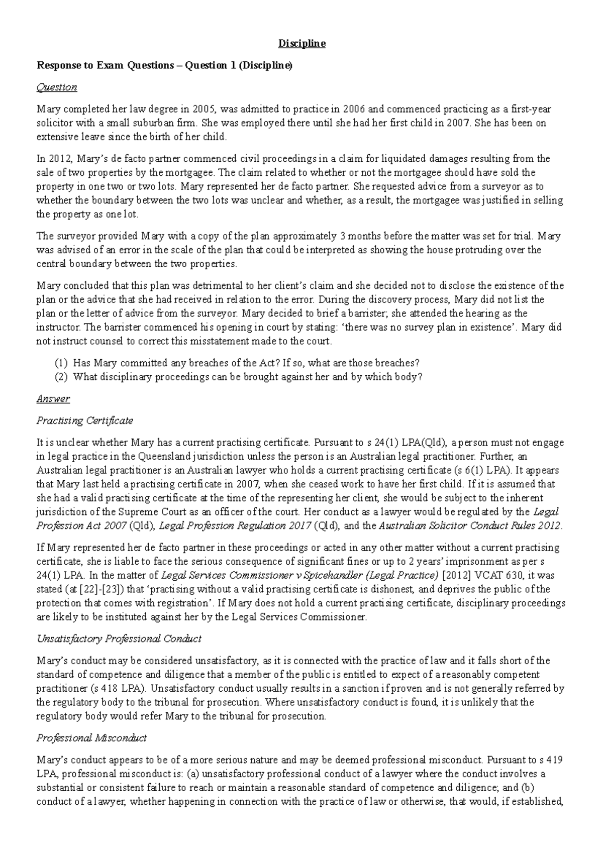 LLH302 Ethics Sem 1 Revision - Discipline Response to Exam Questions ...