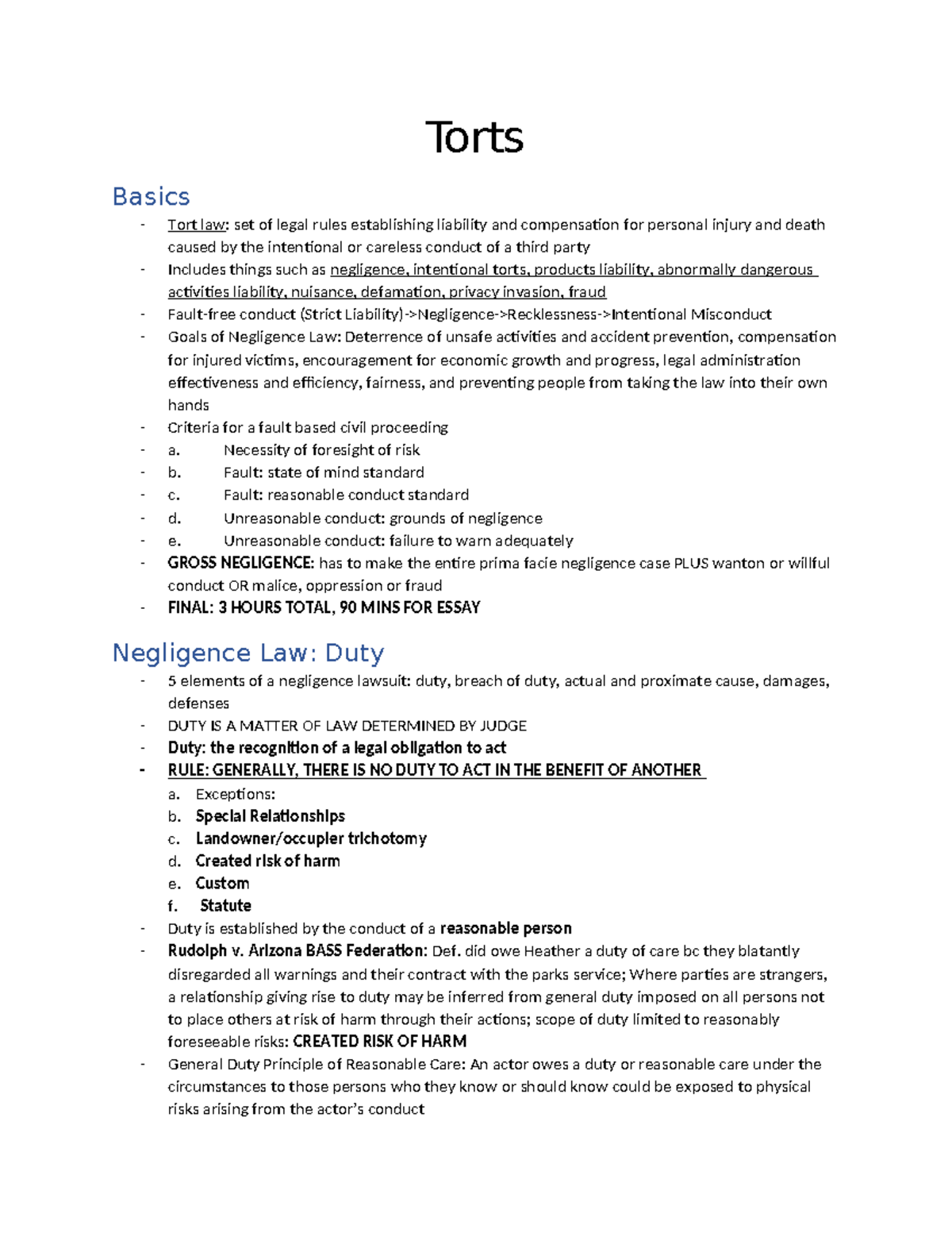 Torts Outline - Torts Basics - Tort law: set of legal rules ...