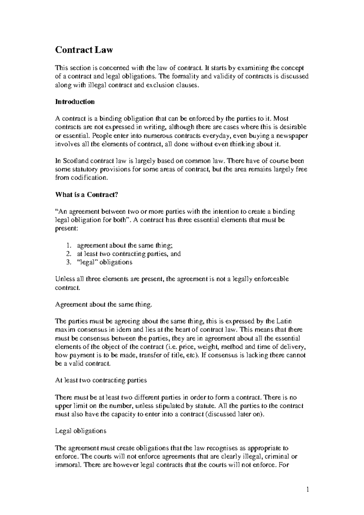 Contract Law 1 Notes - week 3 - Contract Law This section is concerned ...