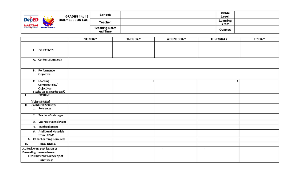 LESSON PLAN TEMPLATE - GRADES 1 to 12 DAILY LESSON LOG School: Grade ...