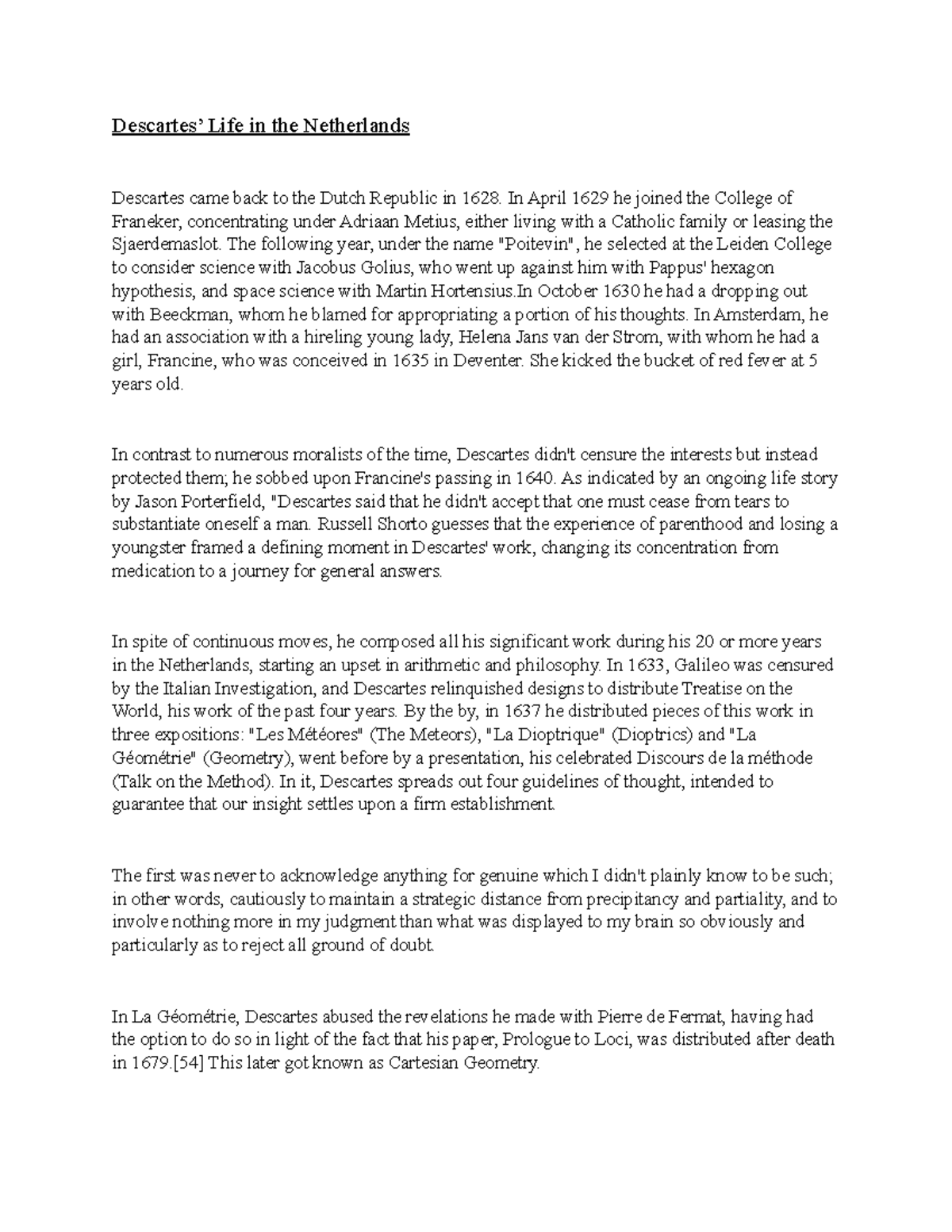 Philosophy- descartes in netherlands - Descartes’ Life in the ...