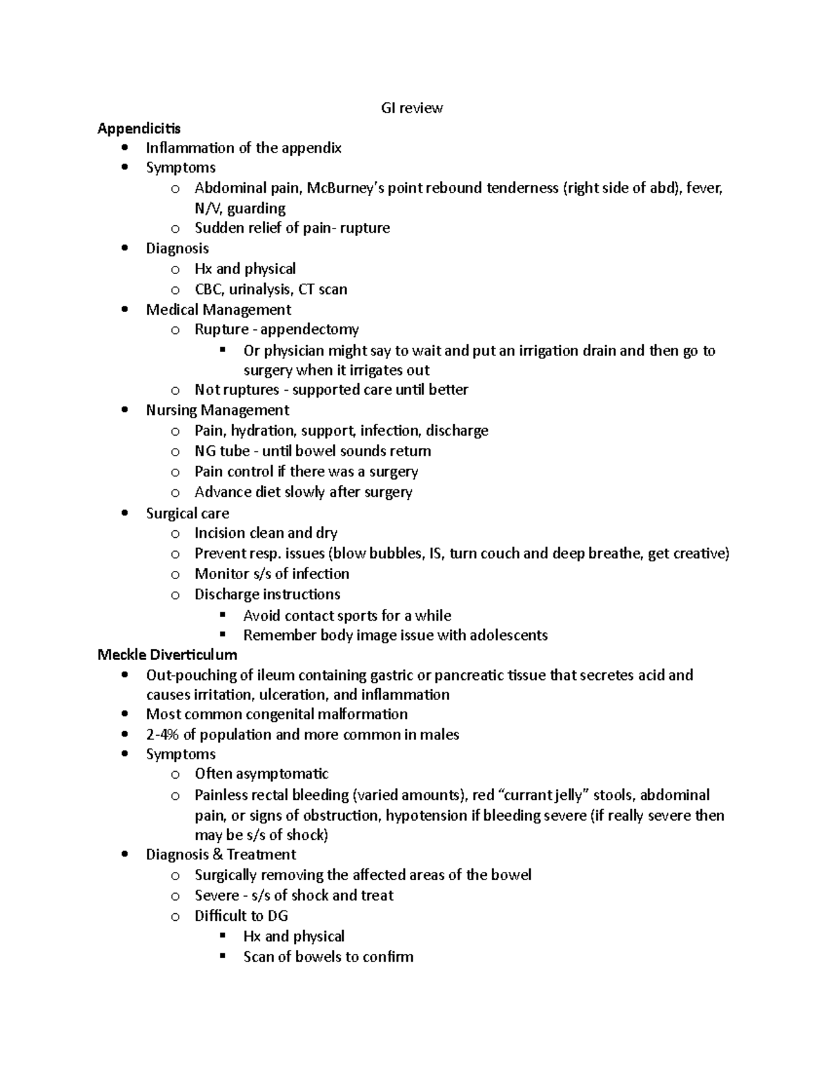 GI review Lecture Notes - GI review Appendicitis Inflammation of the ...