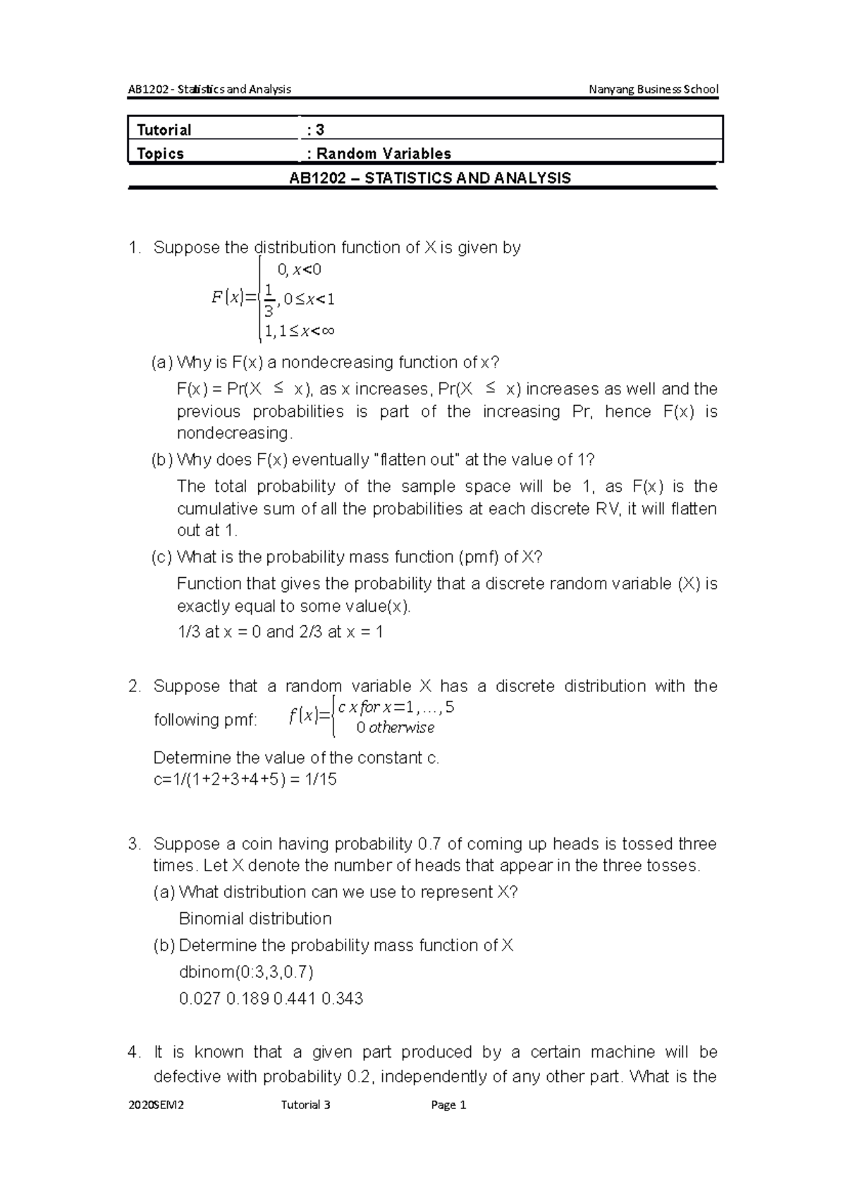 Questions week 3 - AB1202 - Statistics and Analysis Nanyang Business ...