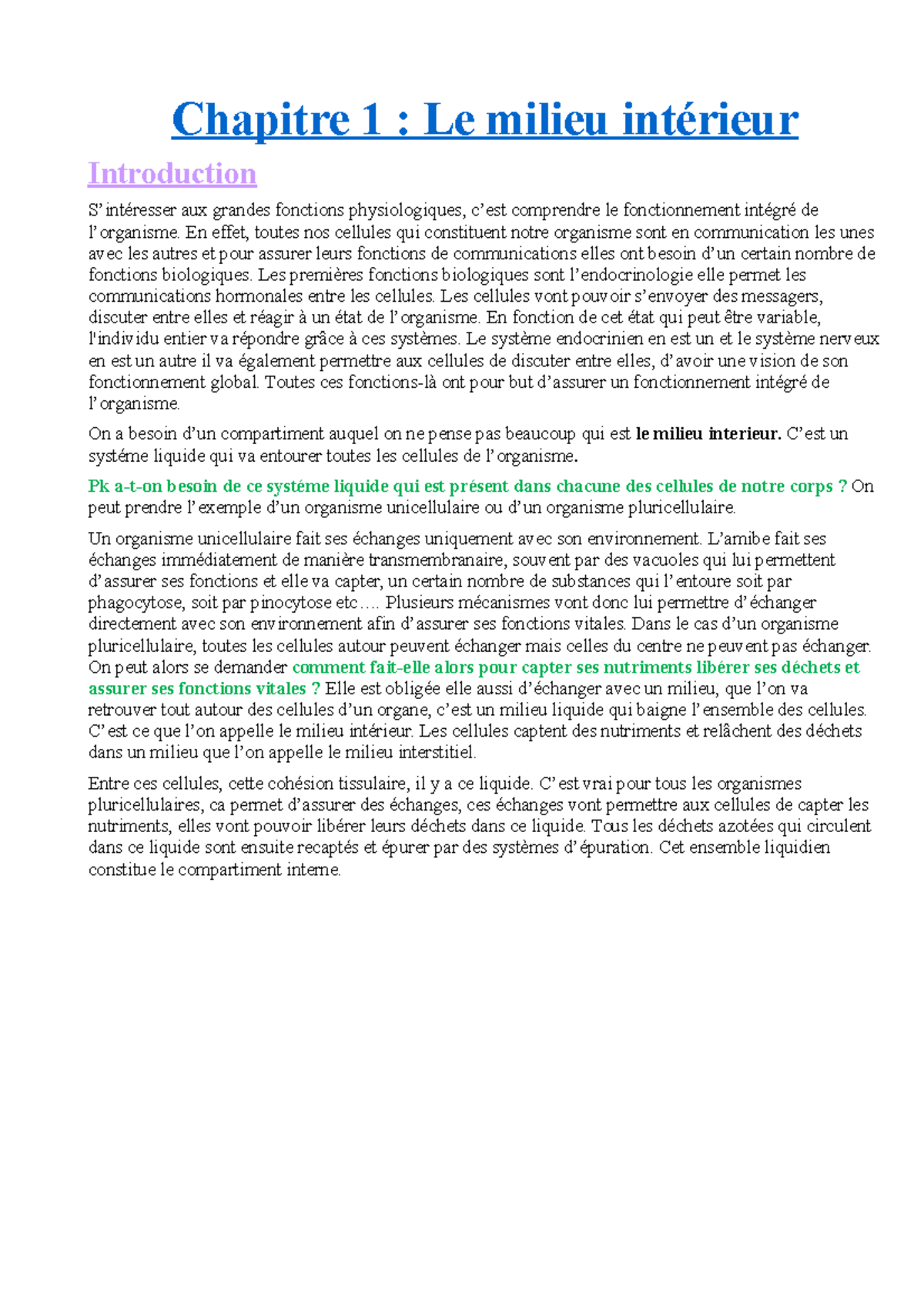 Chapitre 1 - Le milieu intérieur - Chapitre 1 : Le milieu intérieur ...