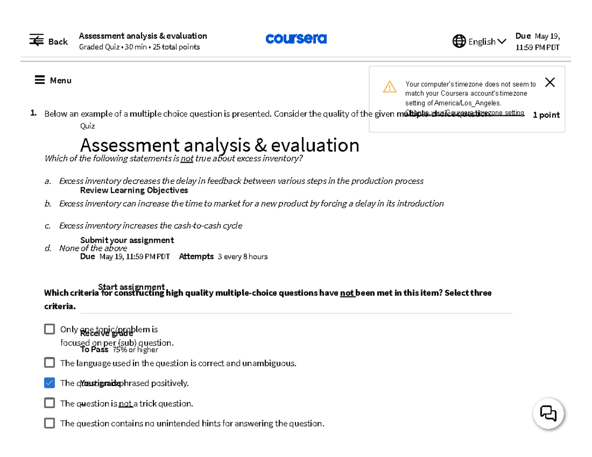 Assessment analysis & evaluation Coursera - Quiz Assessment analysis ...