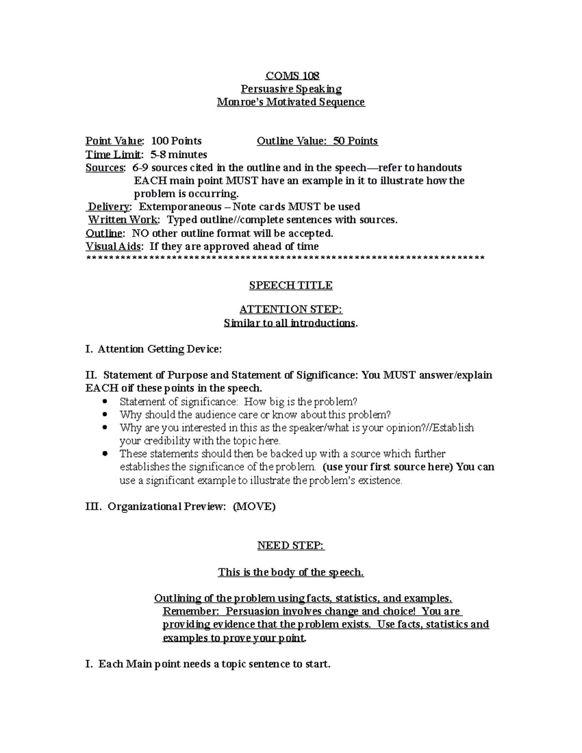Monroes motivated sequence handout - COMS 108 Persuasive Speaking ...