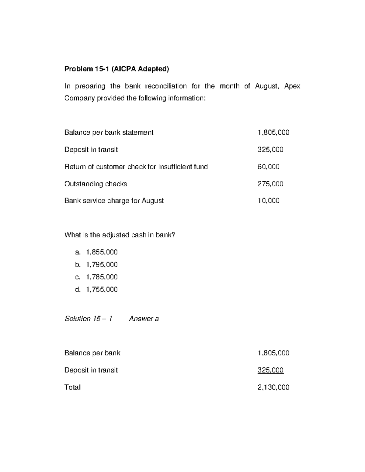 Bank Reconciliation Problems with Answer Key - Problem 15-1 (AICPA ...