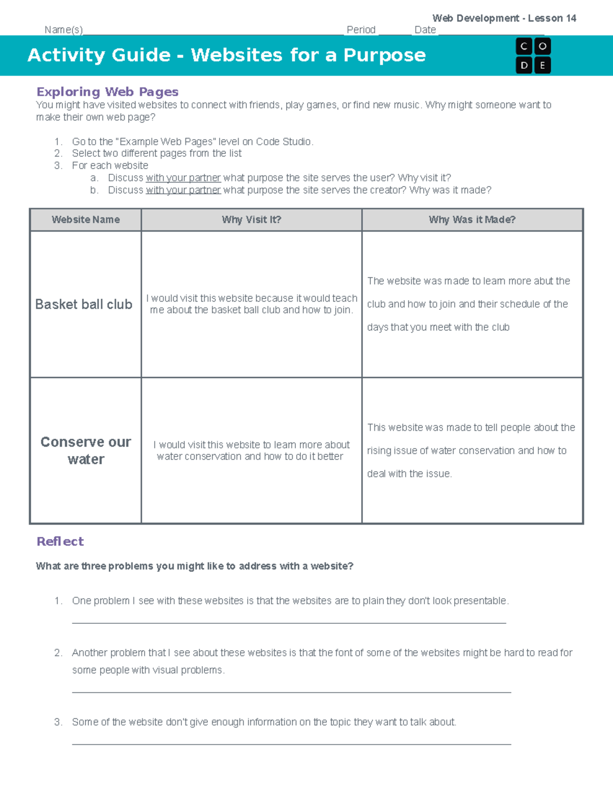 U2L14 - Activity Guide - Websites for a Purpose - Web Development ...