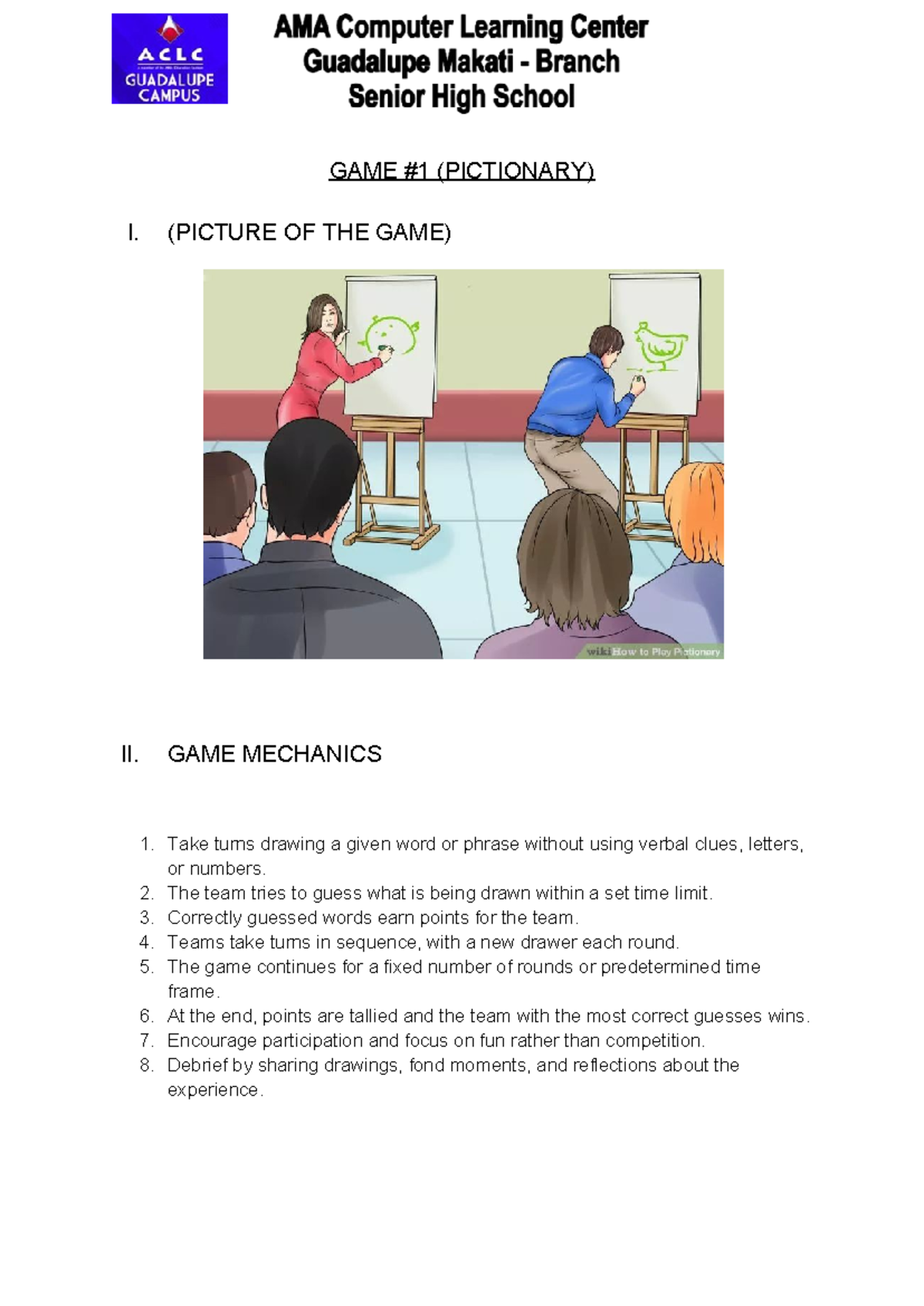 GAME-ACT - assignment - GAME #1 (PICTIONARY) I. (PICTURE OF THE GAME ...
