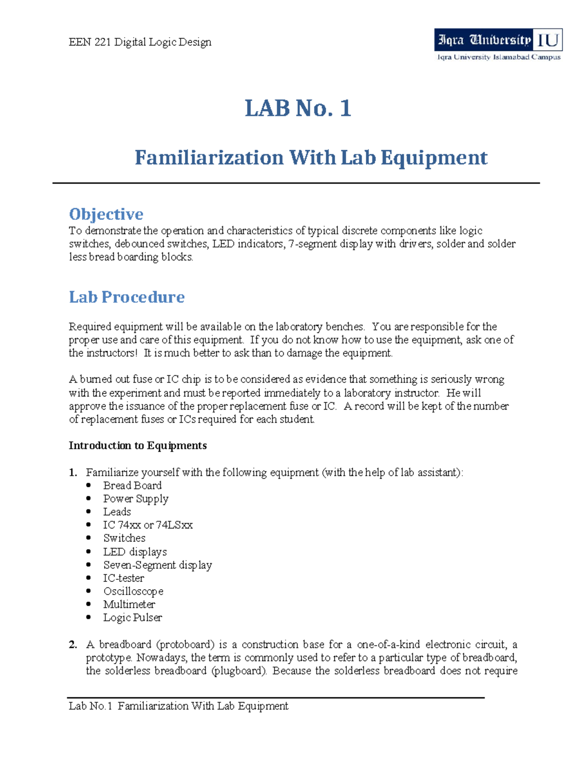 DLD Manual - LAB No. 1 Familiarization With Lab Equipment Objective To demonstrate the operation ...