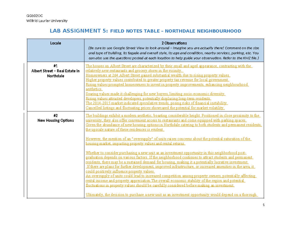 GG102 Lab5-Field-Notes-Table - Wilfrid Laurier University LAB ...