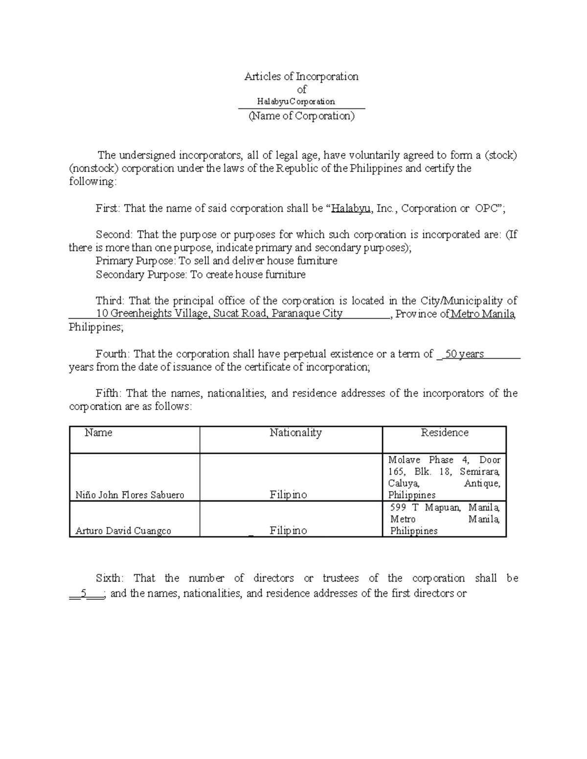 Articles of Incorporation - Articles of Incorporation of Halabyu ...