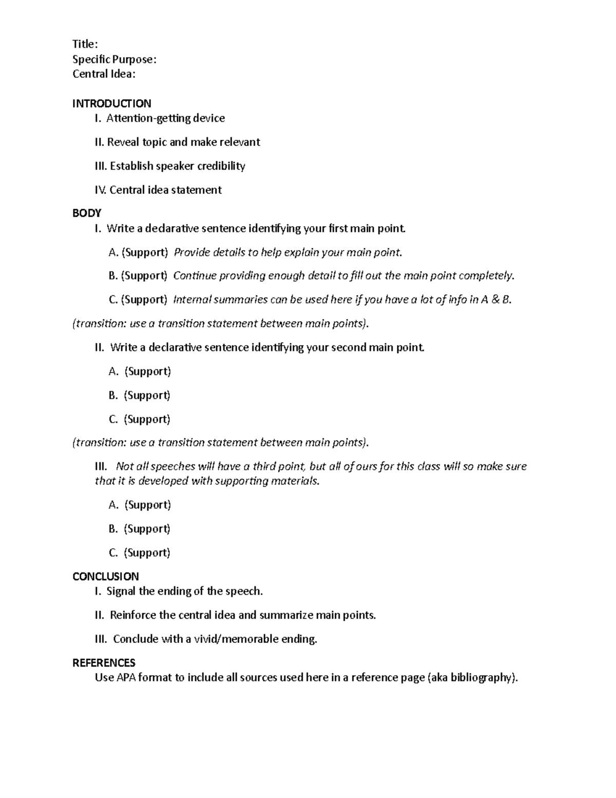 Informative Speech Outline Template - Title: Specific Purpose: Central ...
