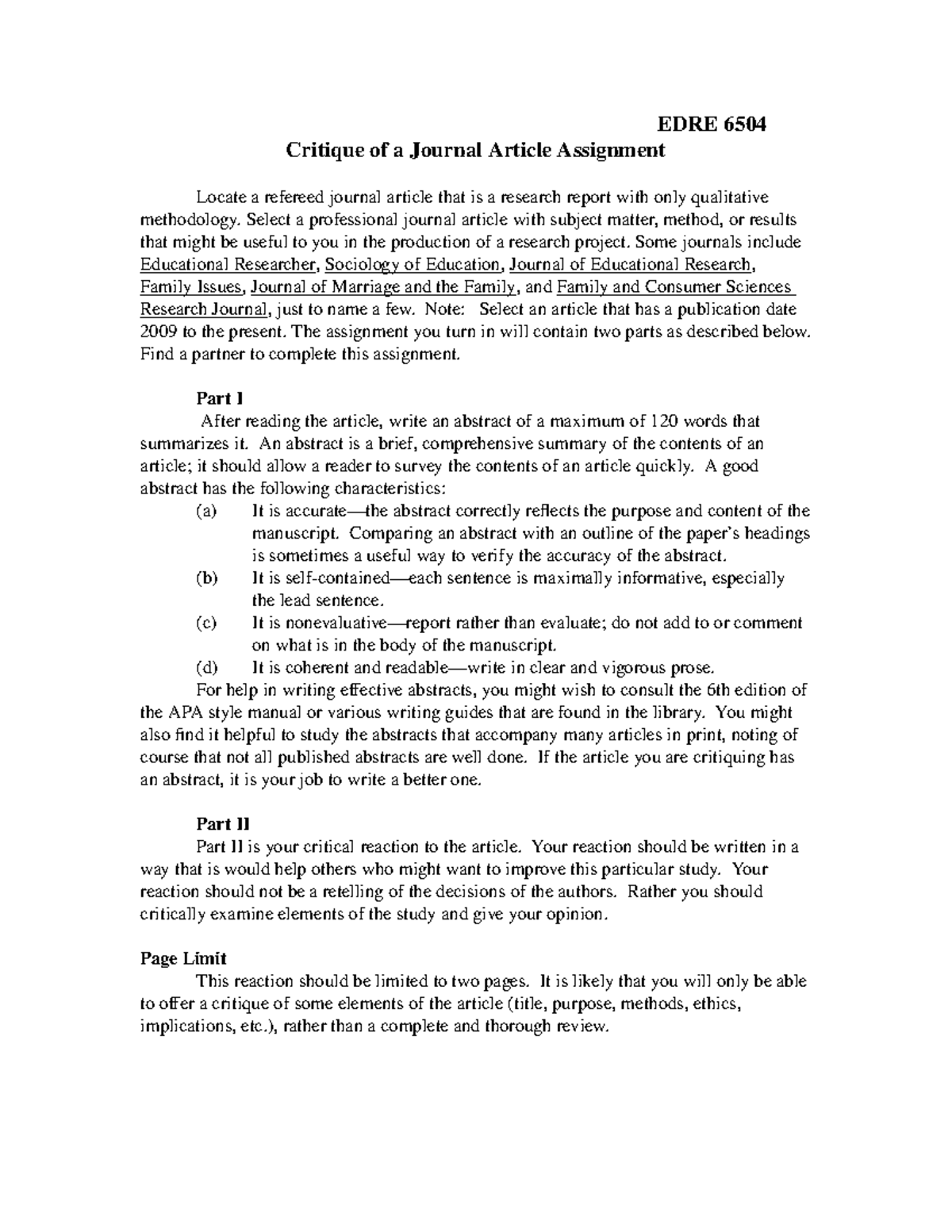 Critique of Article Assignment - EDRE 65 04 Critique of a Journal ...