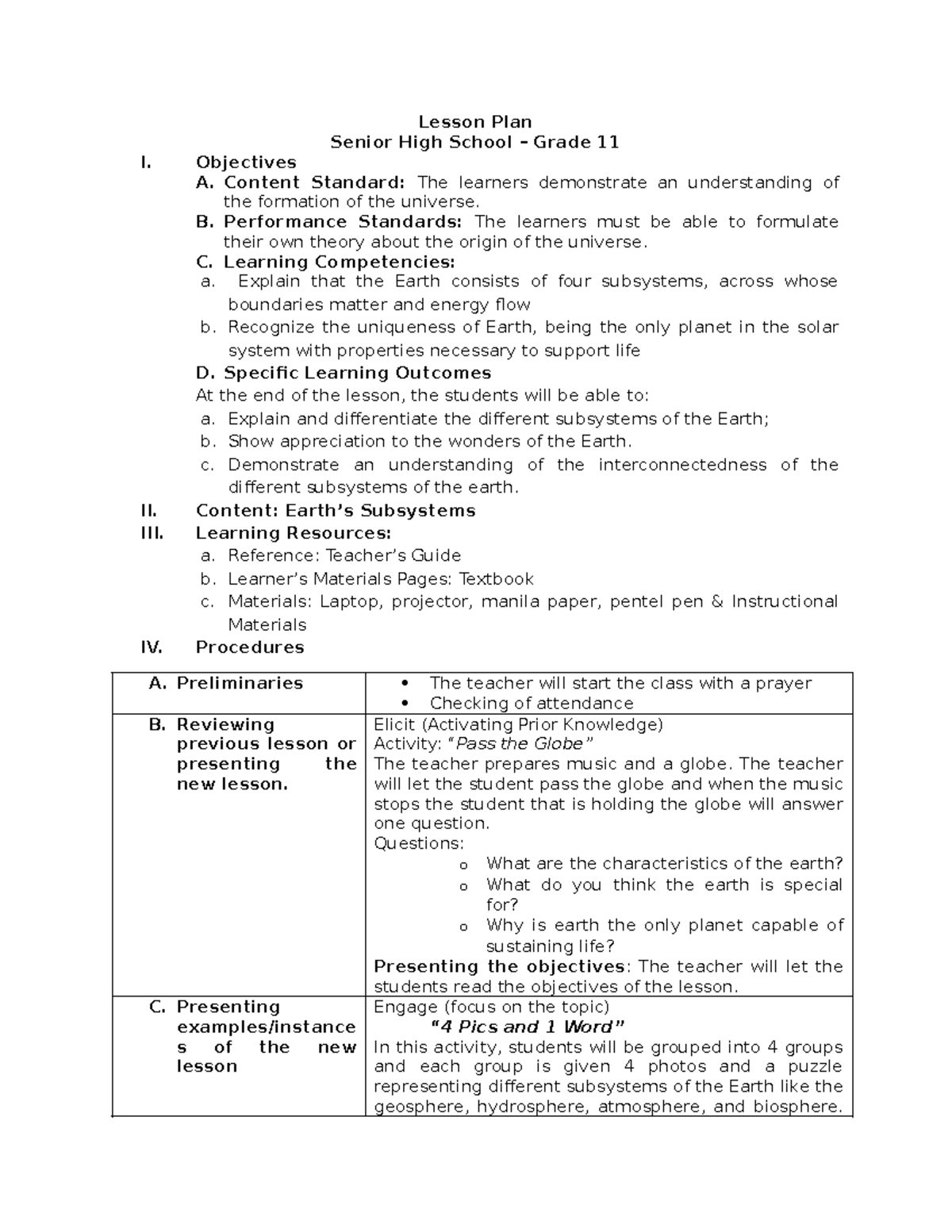 Lesson Plan 1 - Lesson Plan Senior High School – Grade 11 I. Objectives ...