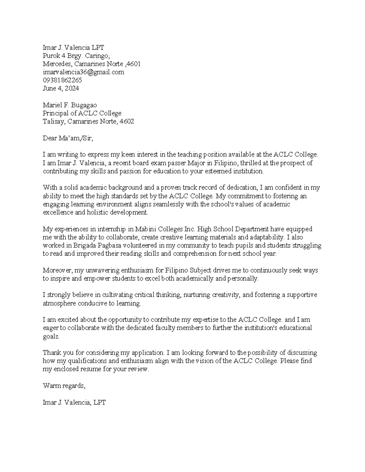 ACLC Fomal Application Letter - Imar J. Valencia LPT Purok 4 Brgy ...