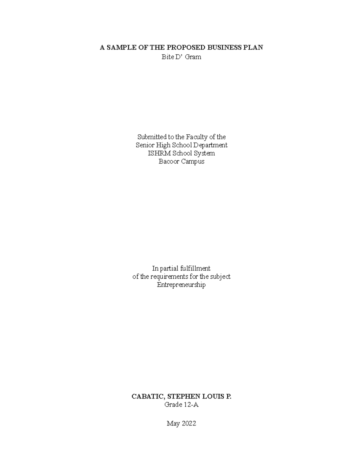 Sample Business Plan on Entrepreneurship - A SAMPLE OF THE PROPOSED ...