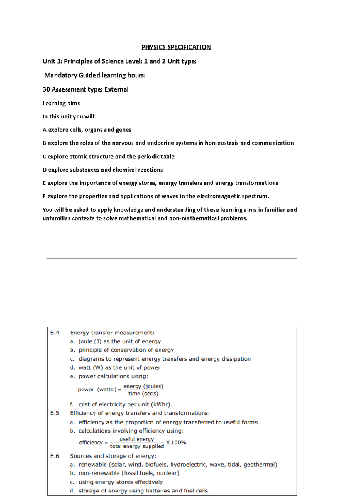 Physics Specification UNIT 1 - PHYSICS SPECIFICATION Unit 1: Principles ...