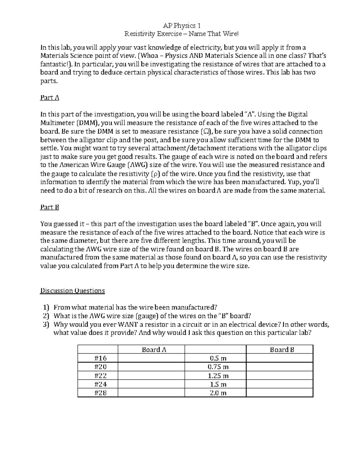 Resistivity Lab - physics lab - AP Physics 1 Resistivity Exercise ...
