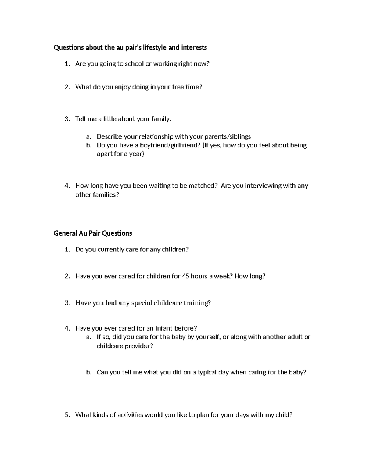 Au Pair Interview Questions Template-SEND - Questions about the au pair ...