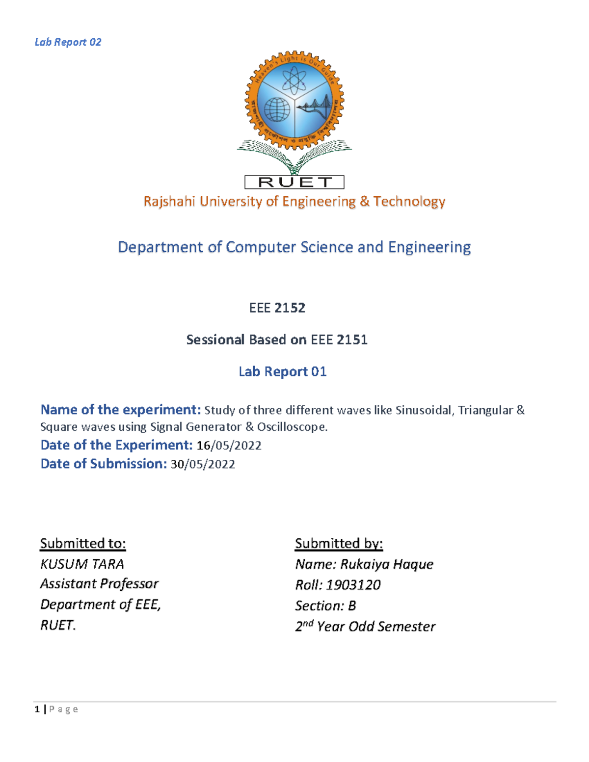 EEE 2152 Lab Report 01 - Rajshahi University of Engineering ...