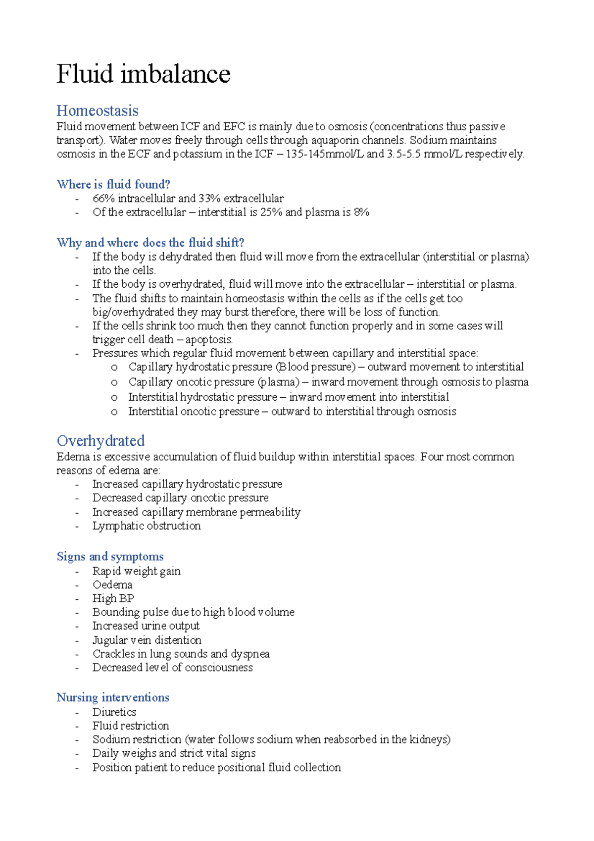 Fluid imbalance notes for nursing - Integrated Nursing - AUT - Studocu