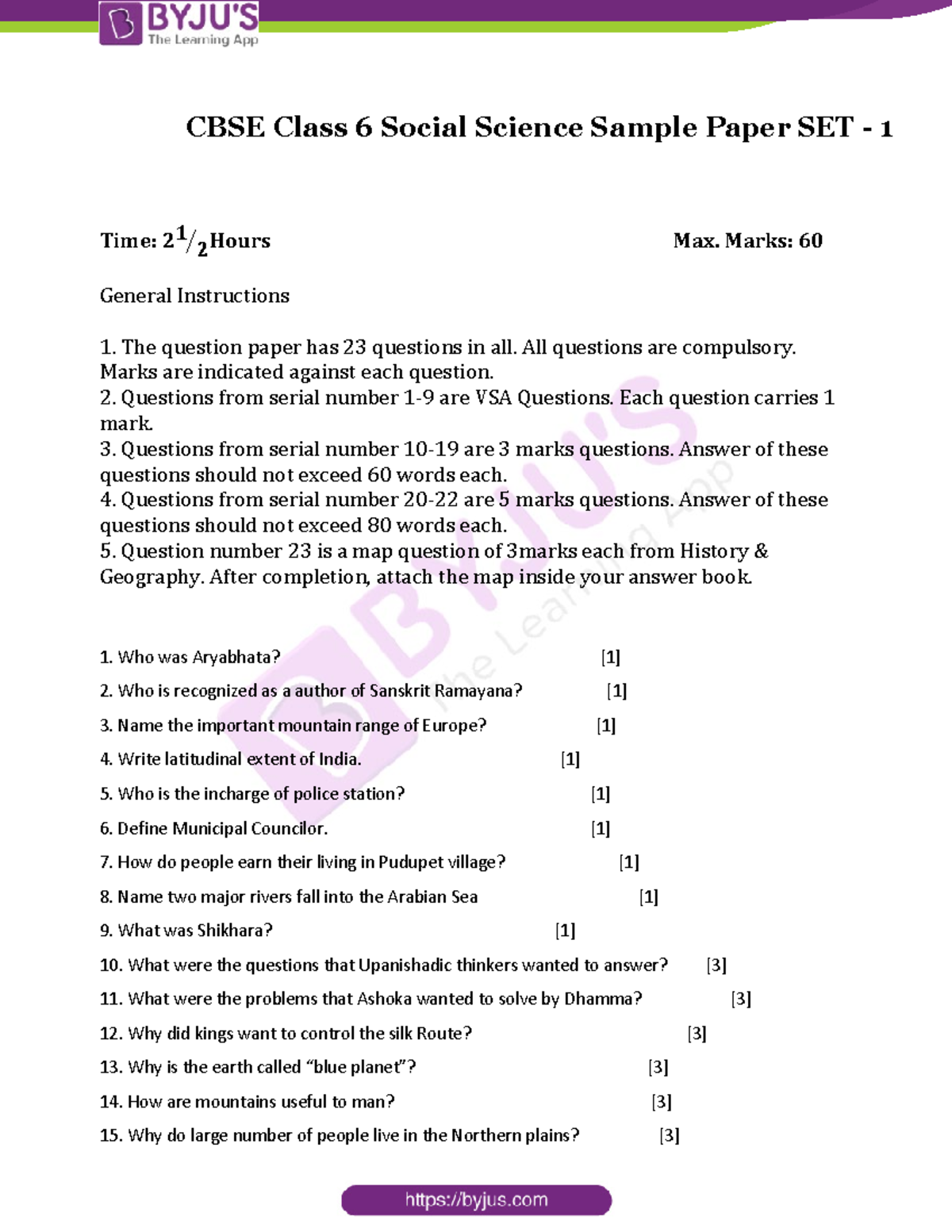 CBSE Class 6 Social Science Sample Paper SET 1 - Marks: 60 General ...
