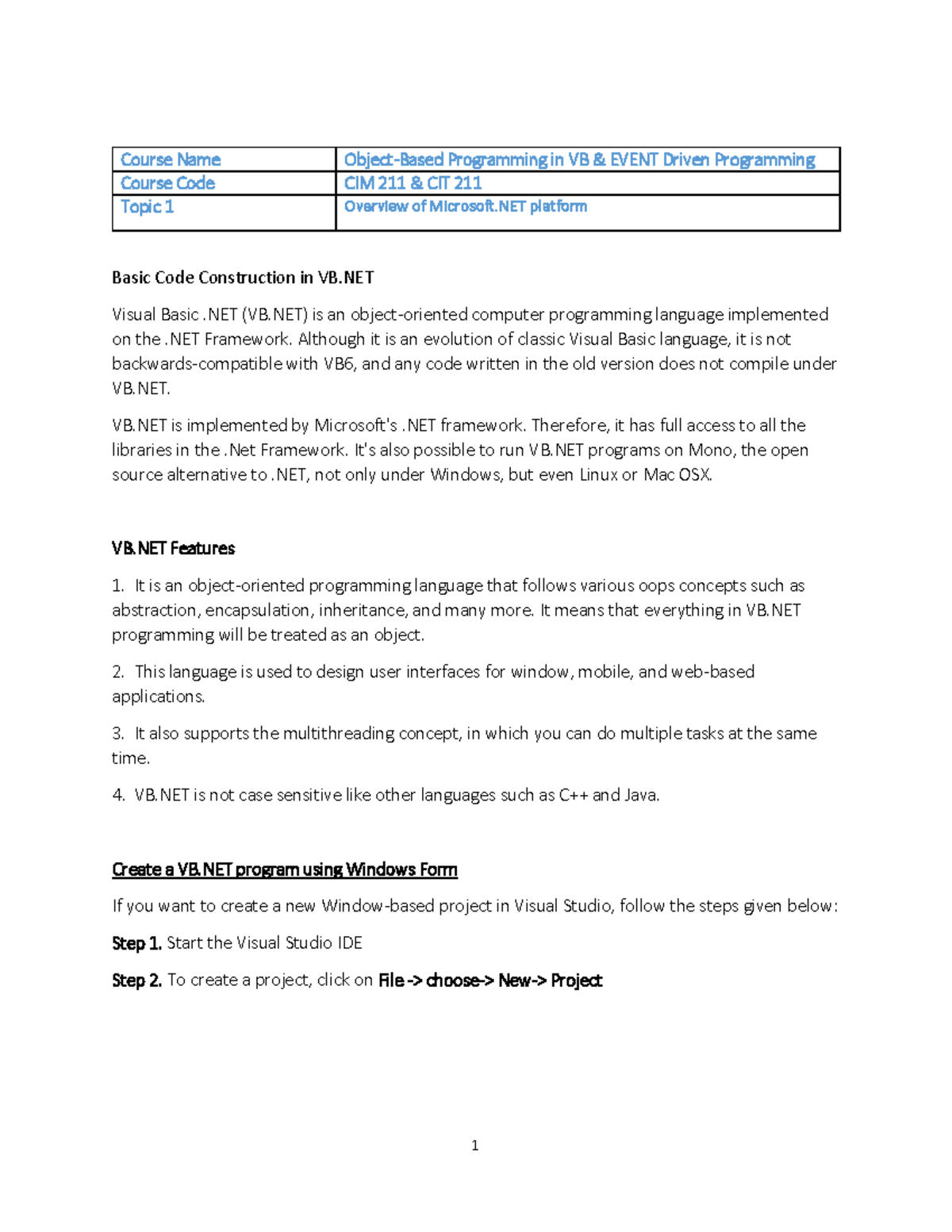 CIM CIT 211 Topic 1 Introduction to VB NET - Course Name Object-Based ...