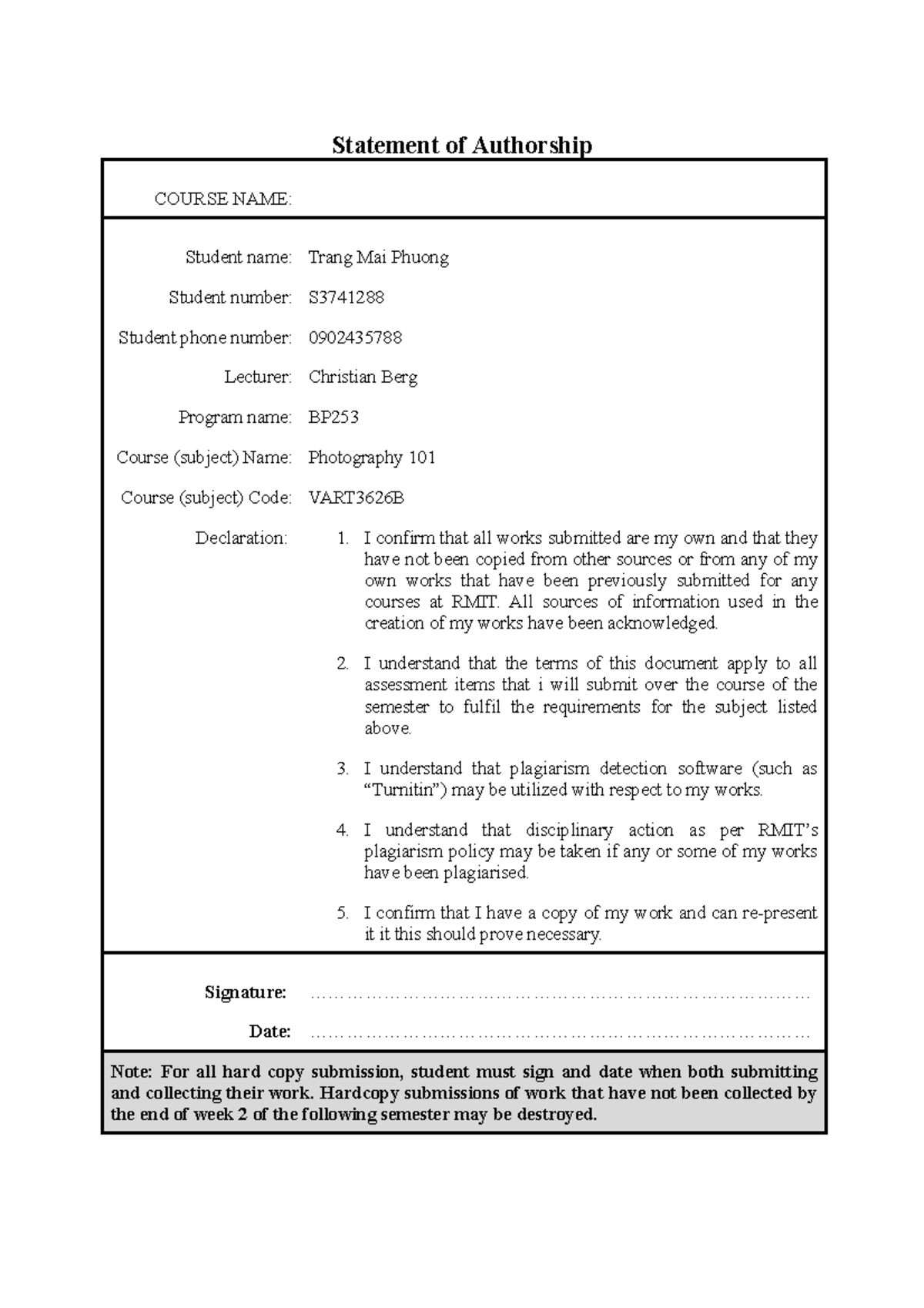 Statementof Authorship Online Version - Statement of Authorship COURSE ...