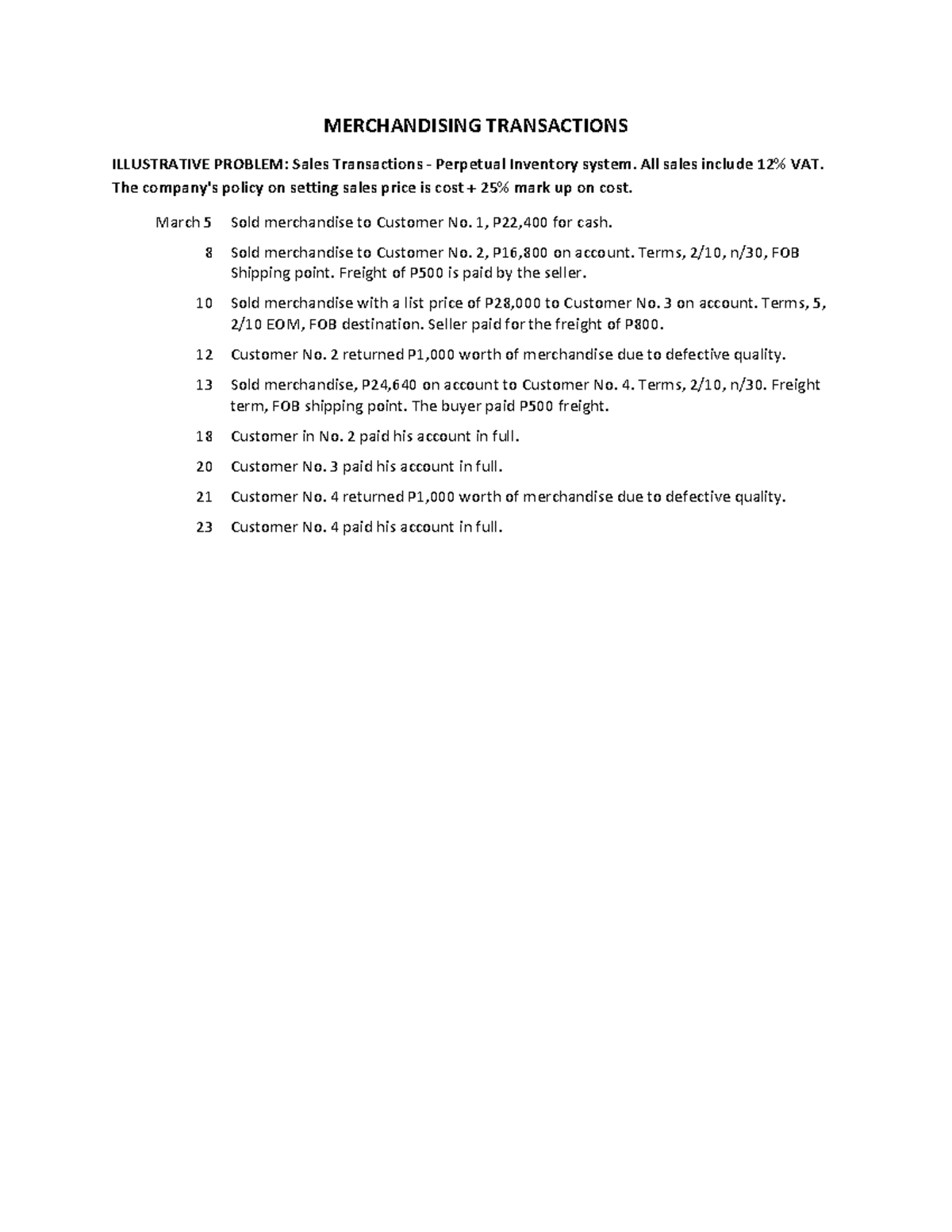 Example - Sales Transactions - MERCHANDISING TRANSACTIONS ILLUSTRATIVE ...
