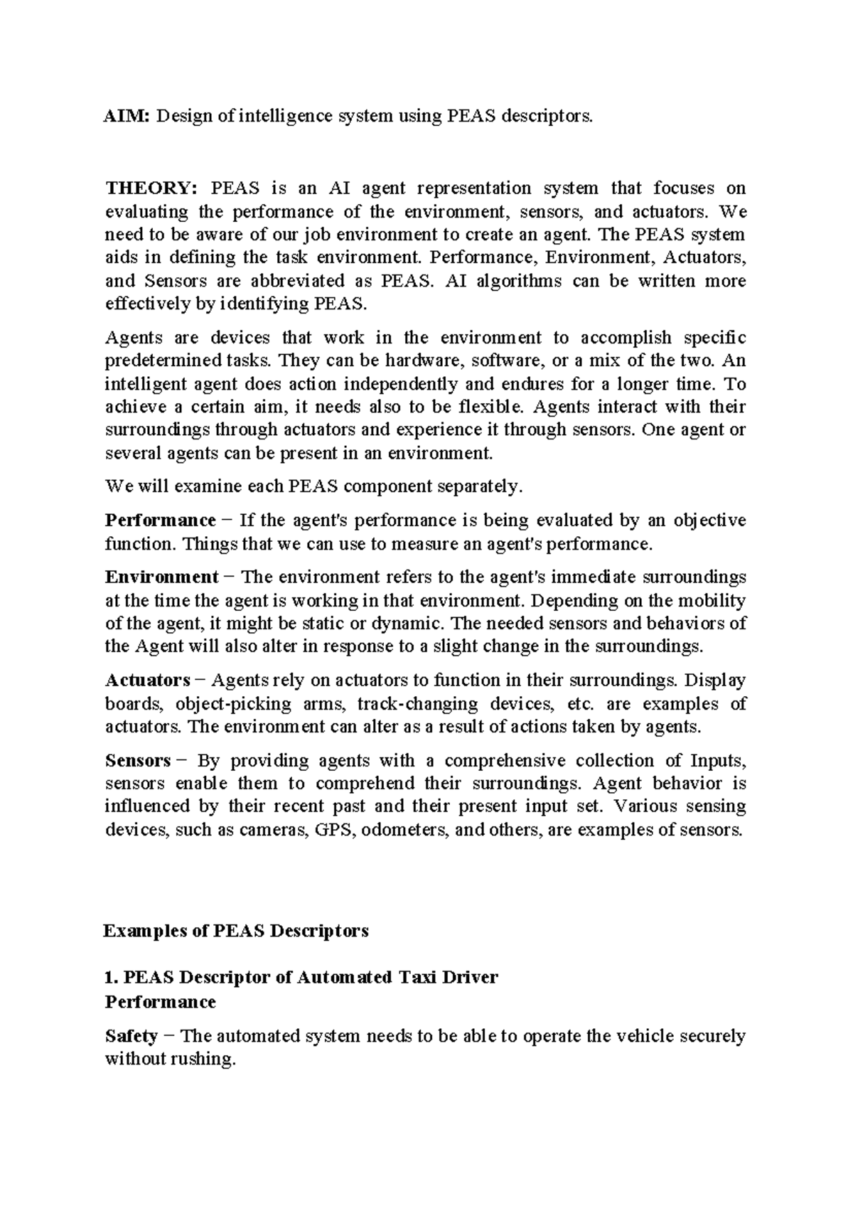 Experiment 2 - Subject : Artificial Intelligence - AIM: Design of ...