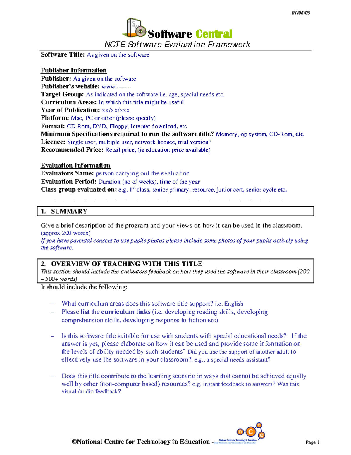 Software Evaluation Framework Software Title As Given On The Software Software Central Ncte