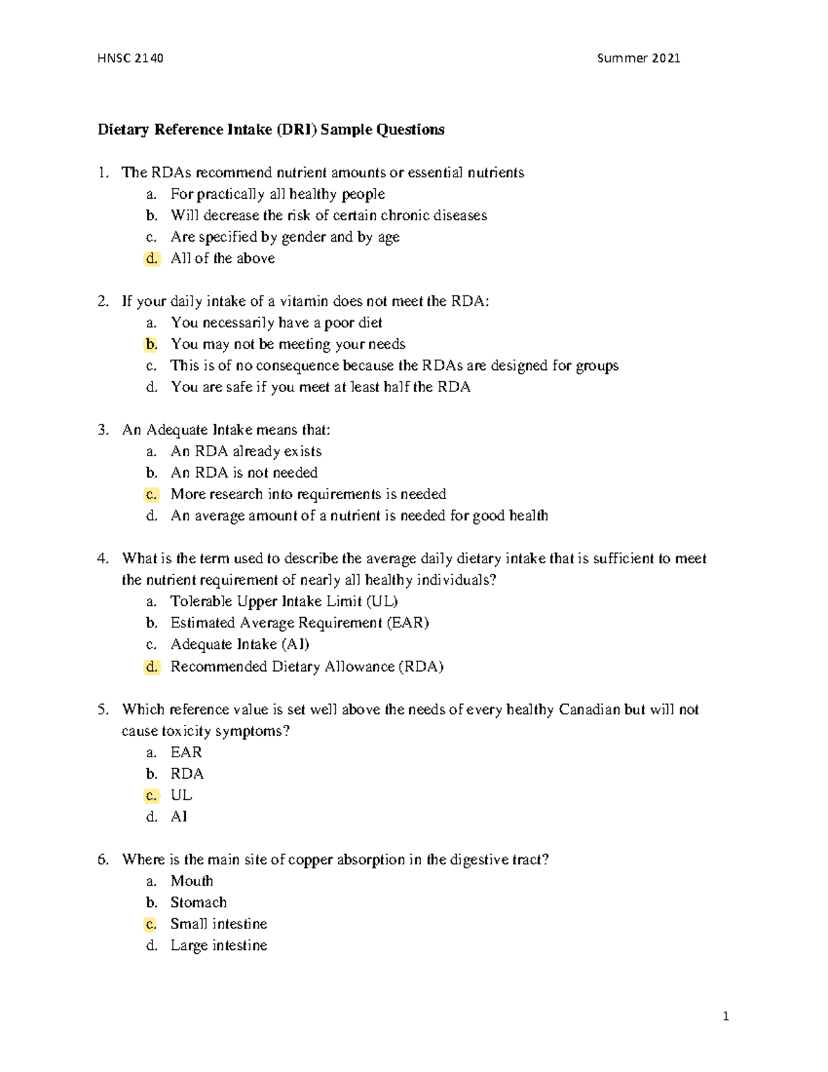 1. DRI - practice quiz question ans - HNSC 2140 Summer 20 21 1 Dietary ...