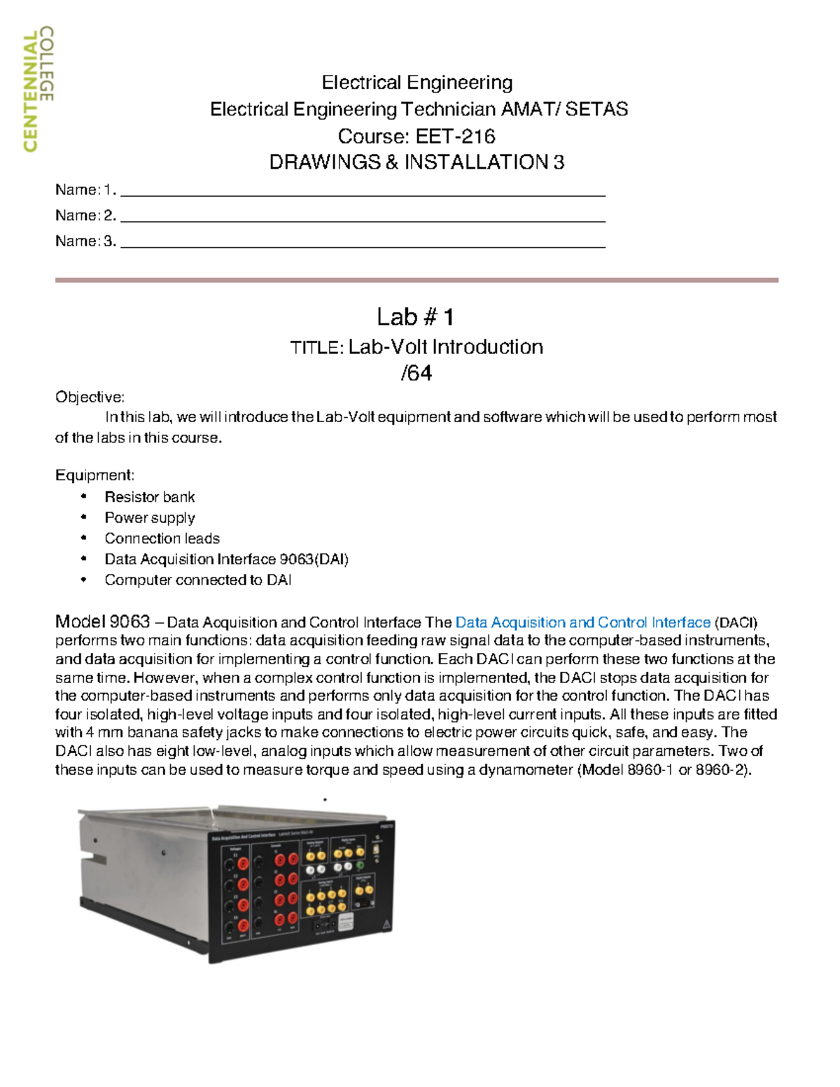 EET-216 LAB # 1 - Lab Volt Measurement - ` Electrical Engineering ...