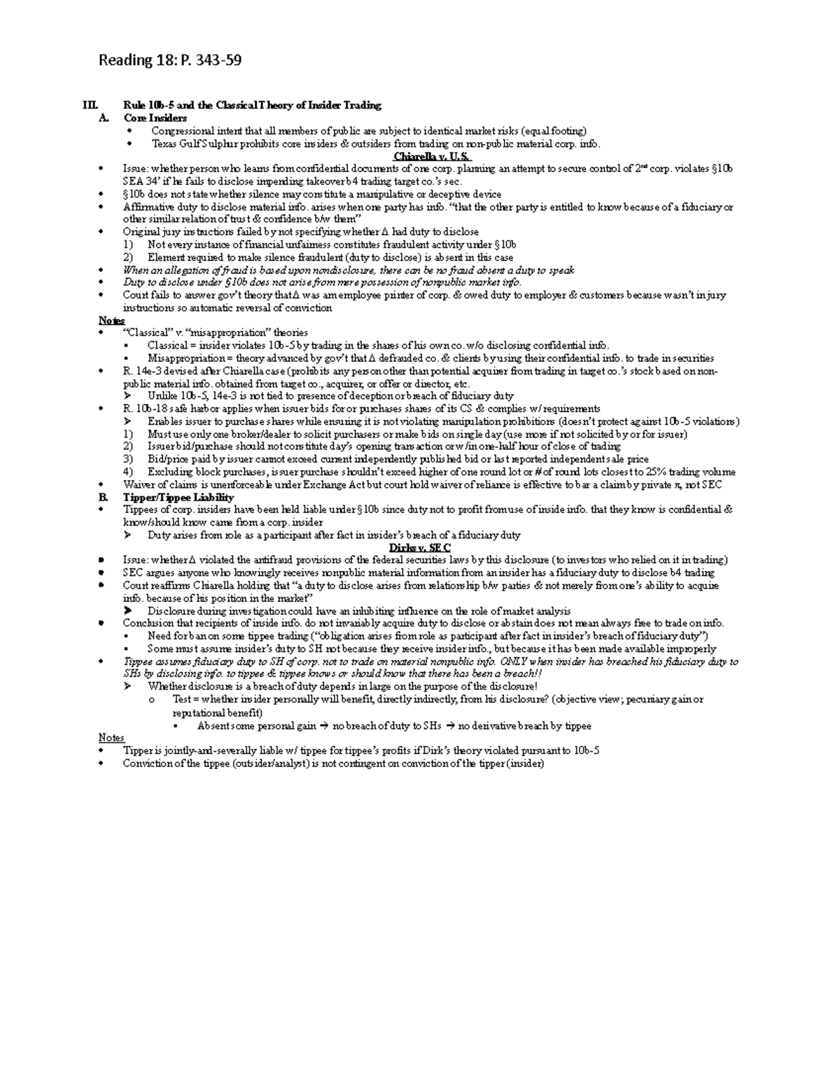Reading 18 - Homework - Reading 18: P. 343- III. Rule 10b-5 and the ...