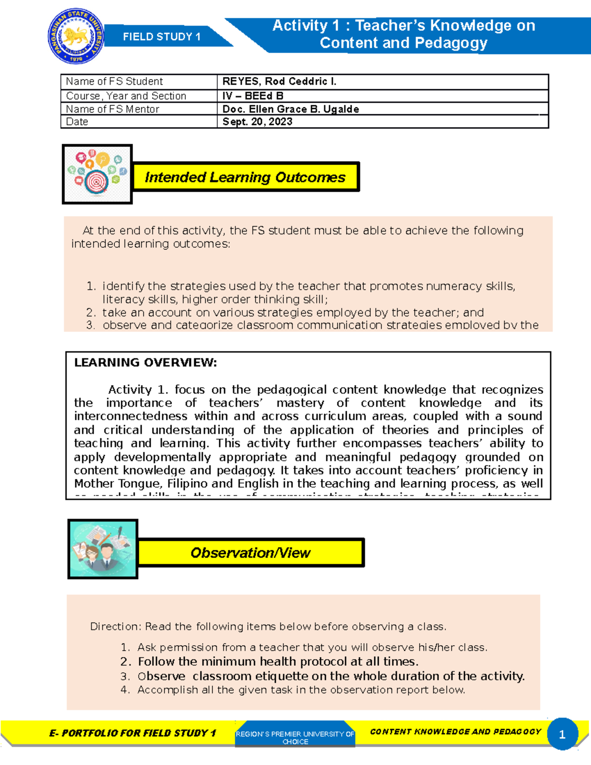 FS1-Activity-1 - FIELD STUDY 1 E- PORTFOLIO FOR FIELD STUDY 1 REGION’S ...