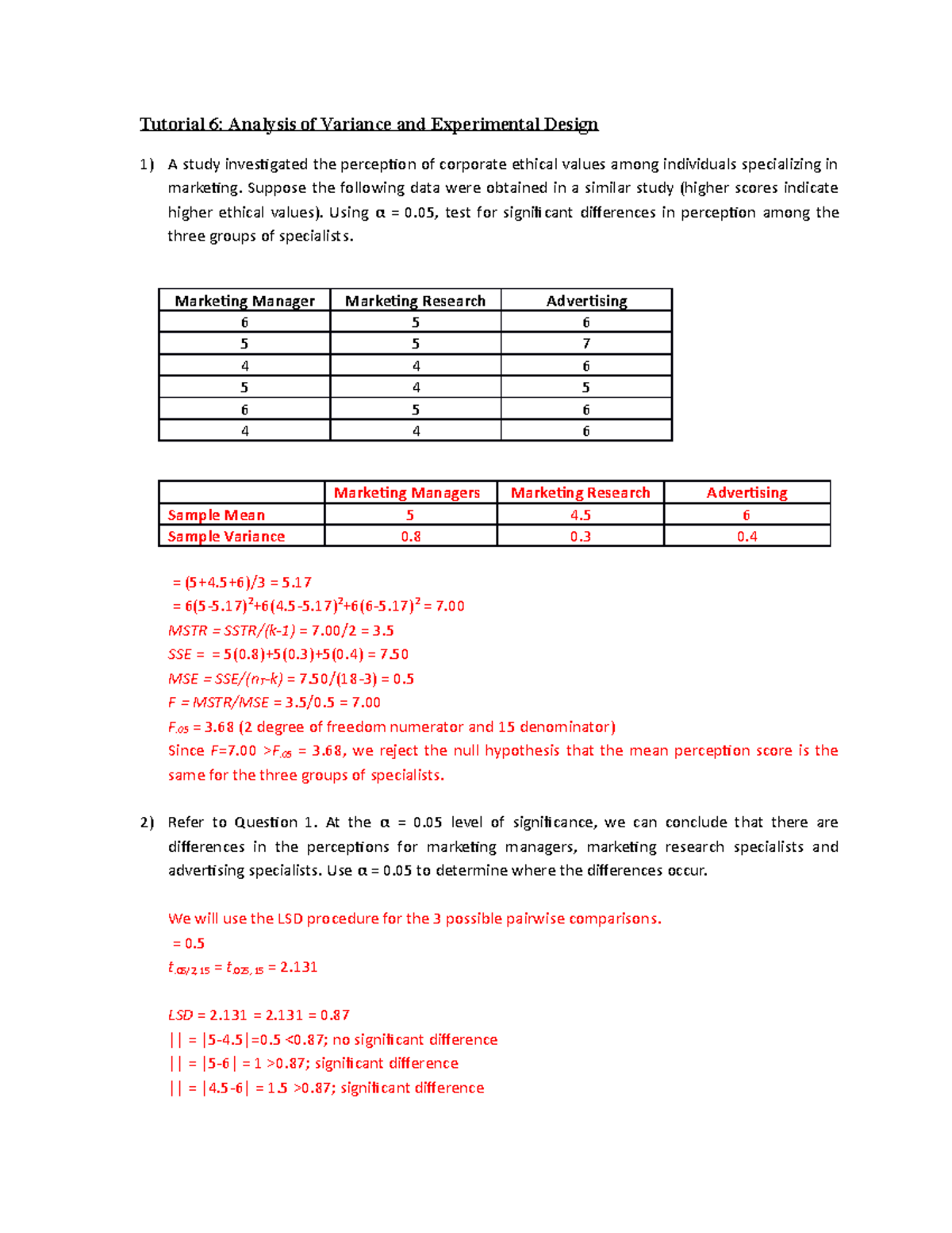 Tutorial 6 Solutions - Tutorial 6: Analysis of Variance and ...