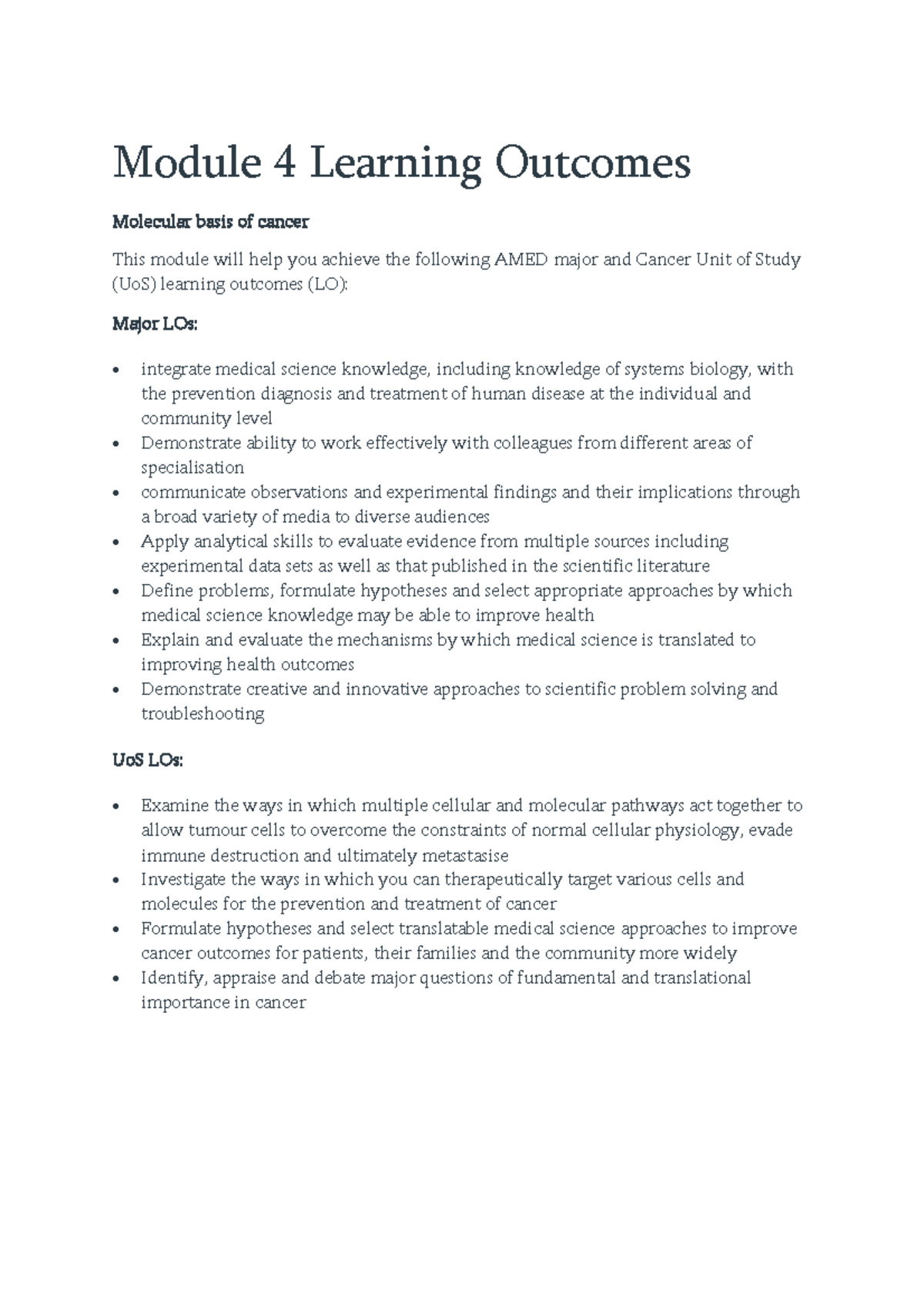 Module 4 Learning Outcomes - Module 4 Learning Outcomes Molecular basis ...