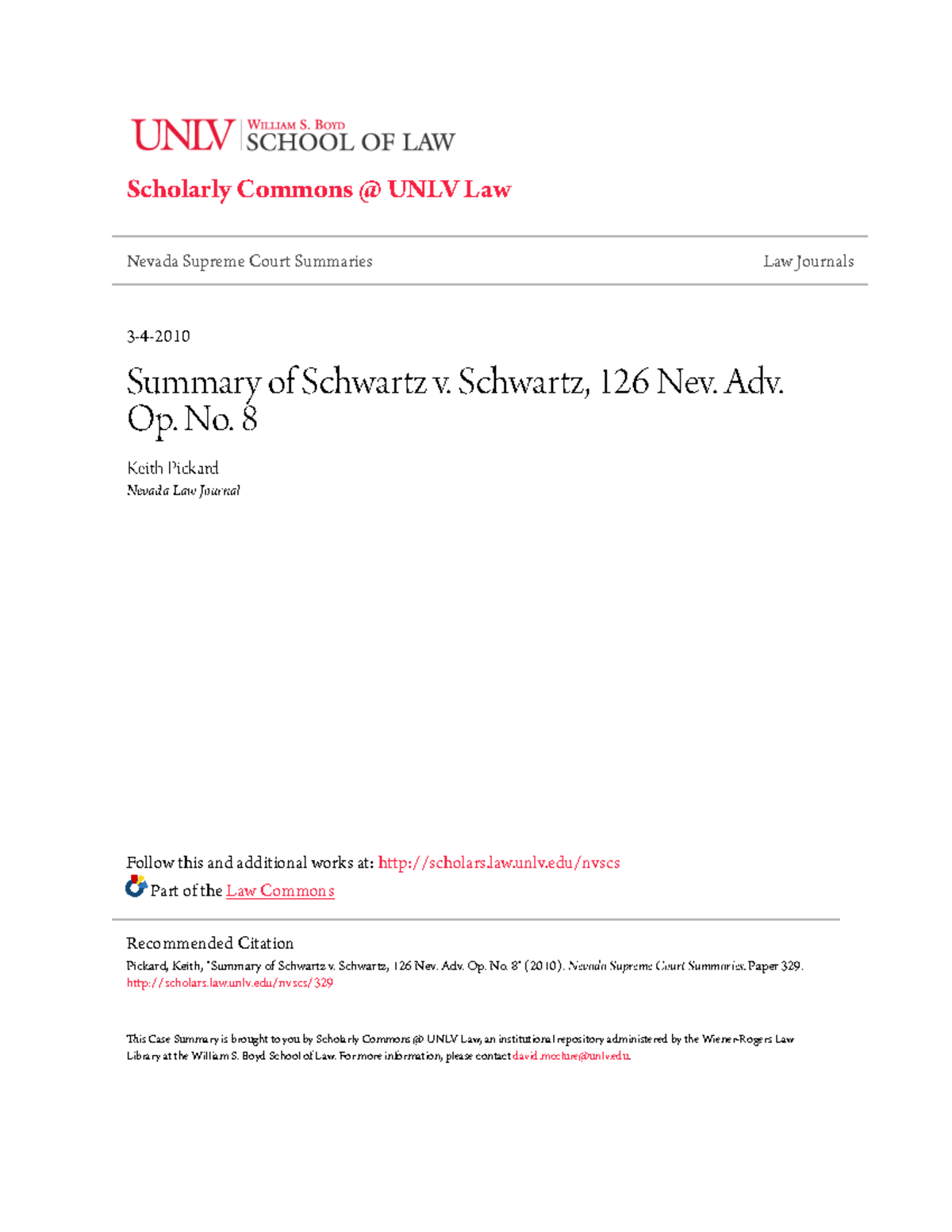 Summary of Schwartz v. Schwartz 126 Nev. Adv. Op. No. 8 - LCL 212E ...