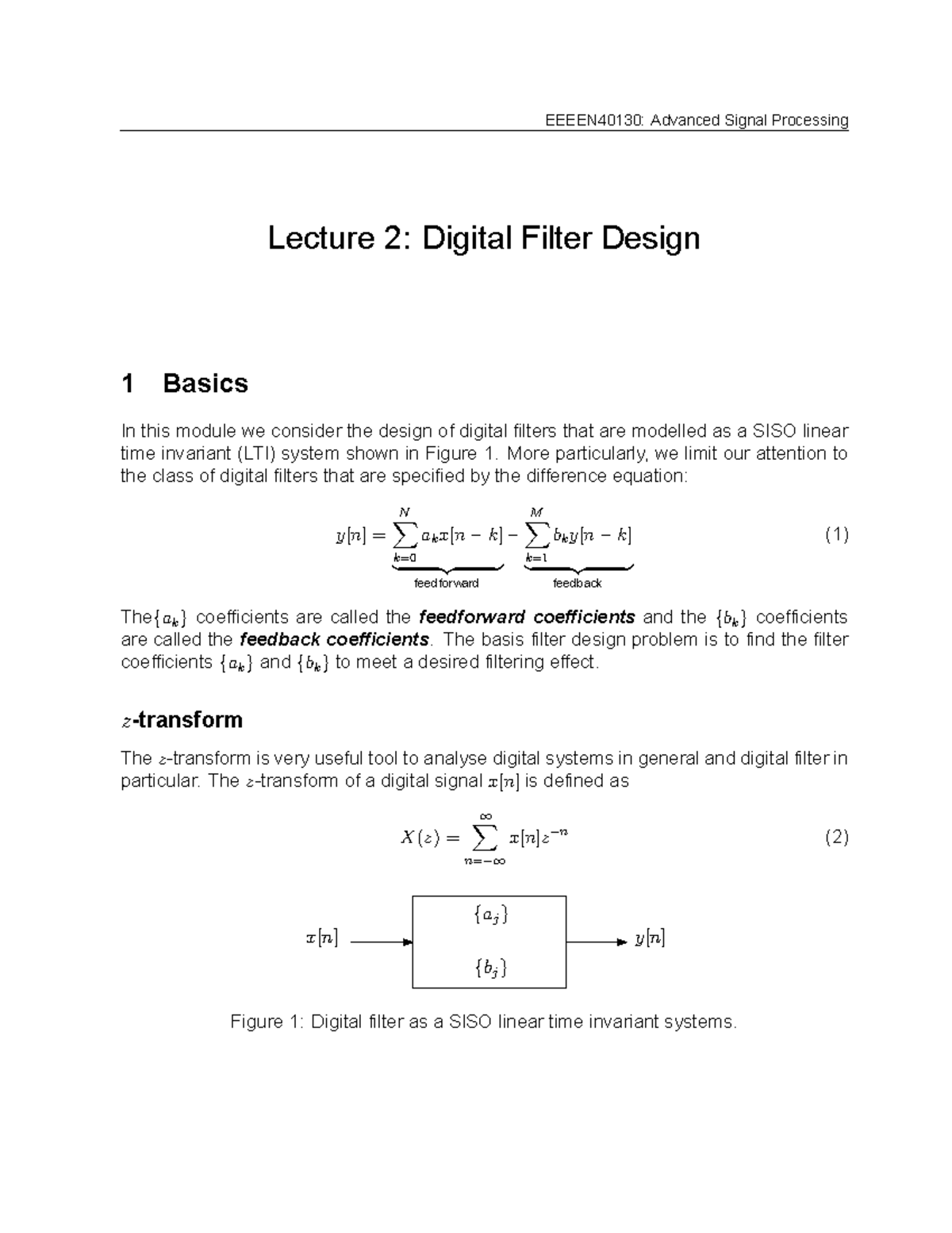 Lecture 2 Digital Filters - EEEEN40130: Advanced Signal Processing ...