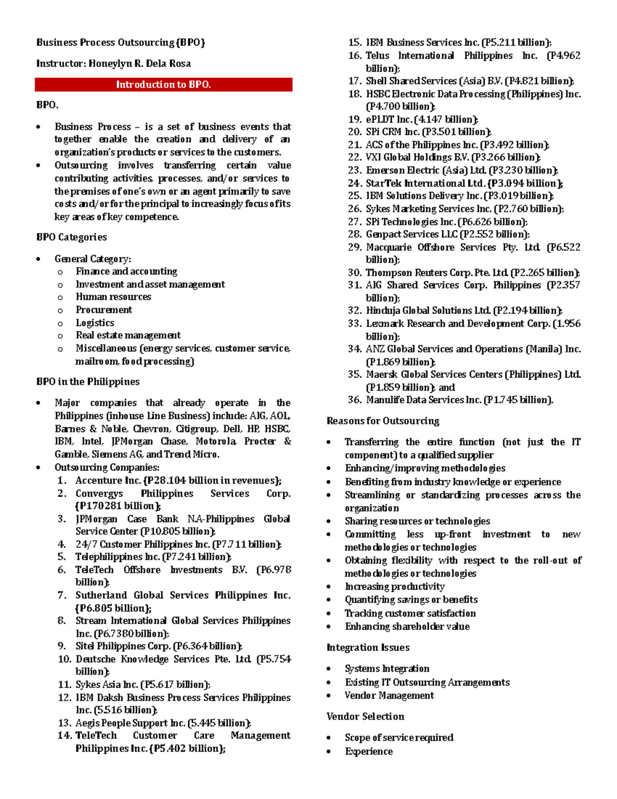 Business Process Outsourcing - Dela Rosa Introduction to BPO. BPO ...