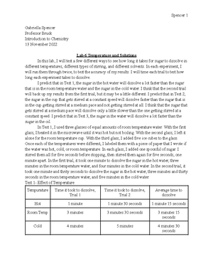 Lab 8 Calorimetry - Lab Report - Spencer 1 Gabriella Spencer Professor ...