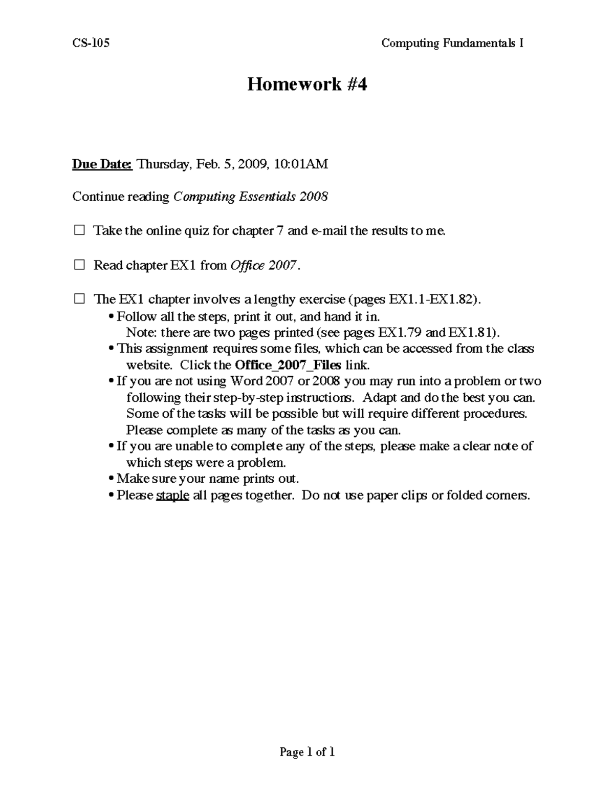 HW4 - CS-105 Computing Fundamentals I Homework #4 Due Date: Thursday ...