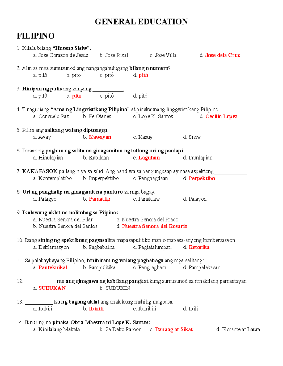 ALL- Gened - GENERAL EDUCATION FILIPINO Kilala bilang “Huseng Sisiw”. a ...