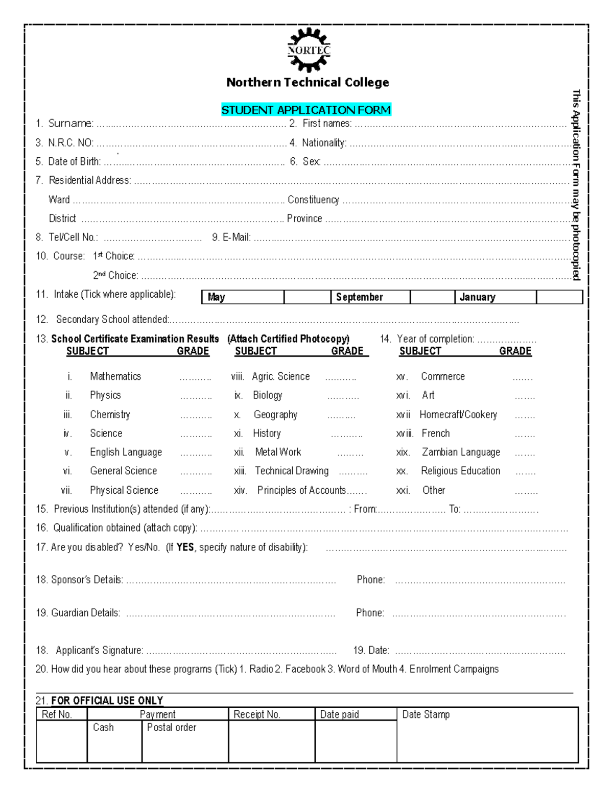 Application Form Academic Programmes - Northern Technical College ...