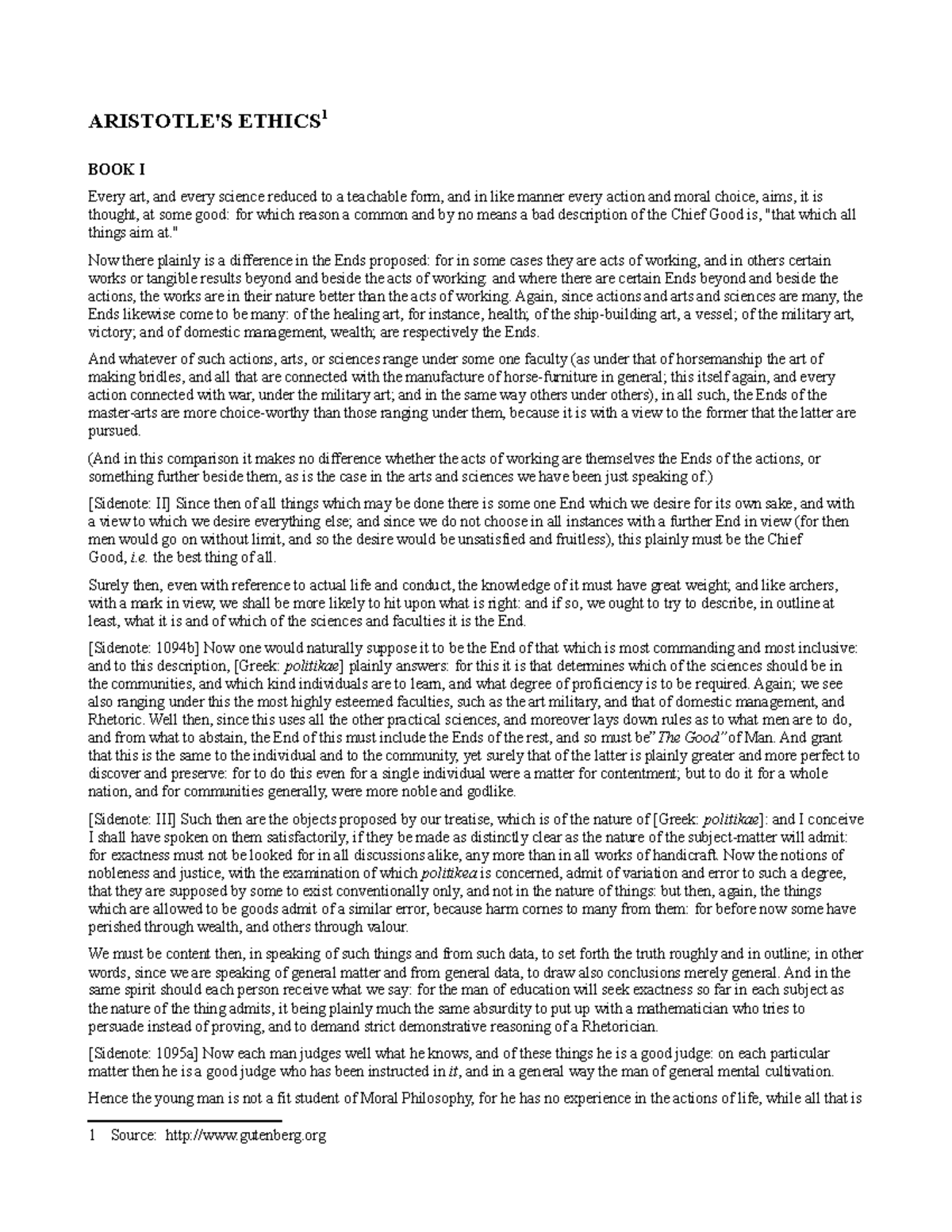 Aristotle Nicomachean Ethics - Books 1 and 2 - ARISTOTLE'S ETHICS 1 ...