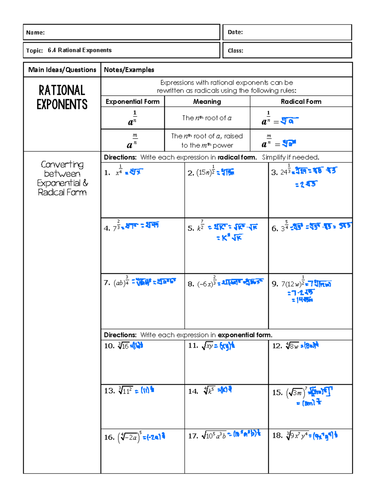 6 - Notes/Answers - Name: Date: Topic: 6 Rational Exponents Class: Main ...